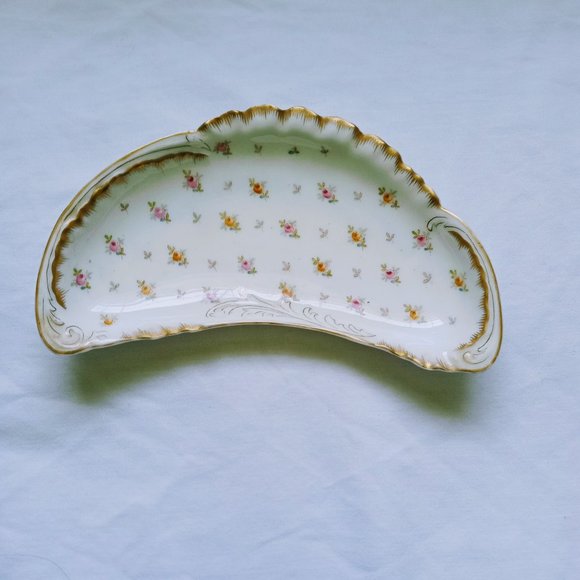 Accents | Vintage Half Moon White With Flower Design Jewelry Plate ...